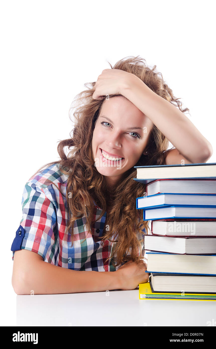 Student with lots of books on white Stock Photo - Alamy