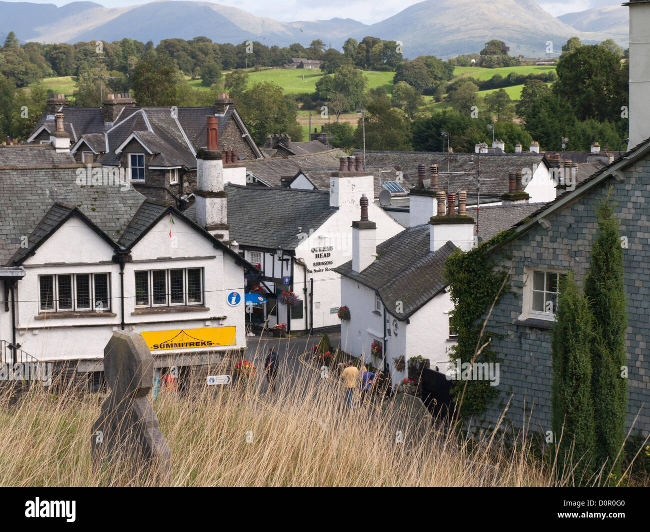Hawkshead village in the Lake district England UK, rooftops hills and ...