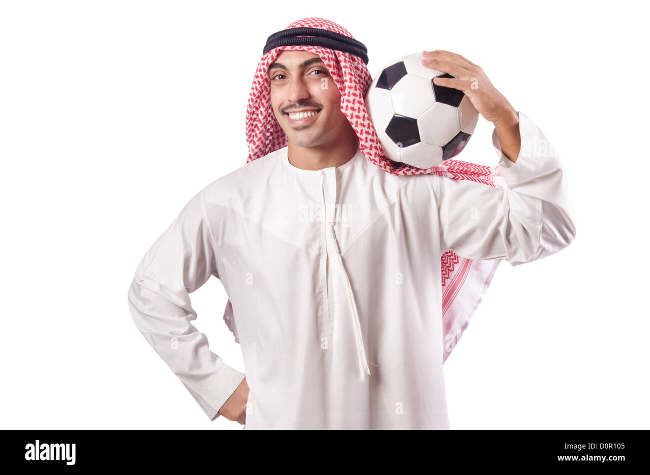Arab man with football on white Stock Photo - Alamy