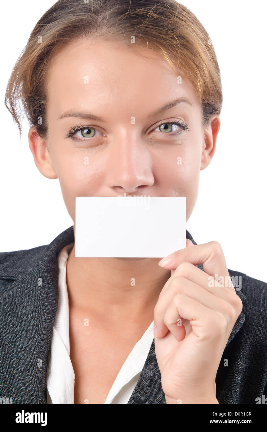 Woman with blank message on white Stock Photo - Alamy