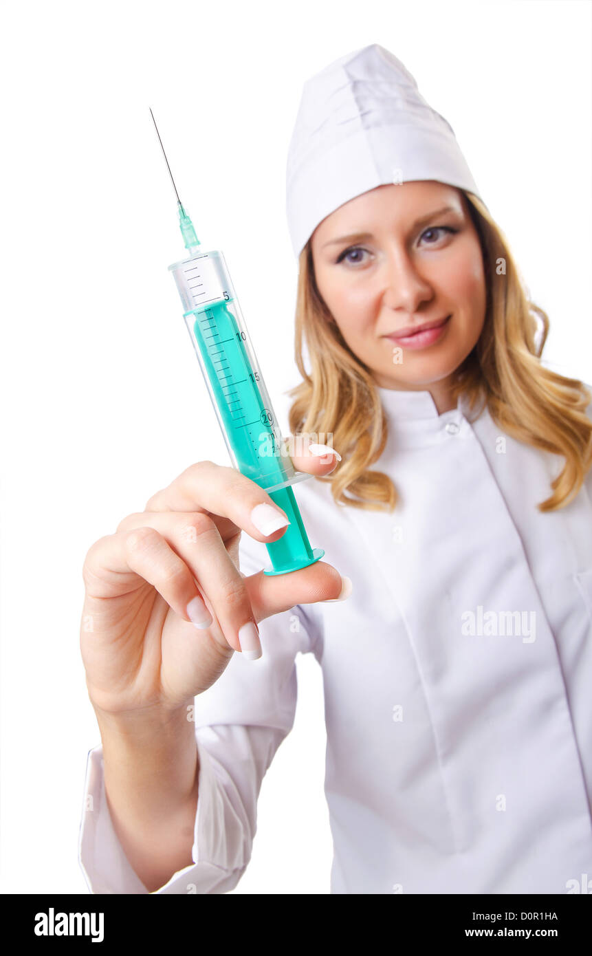 Woman doctor with syringe on white Stock Photo - Alamy
