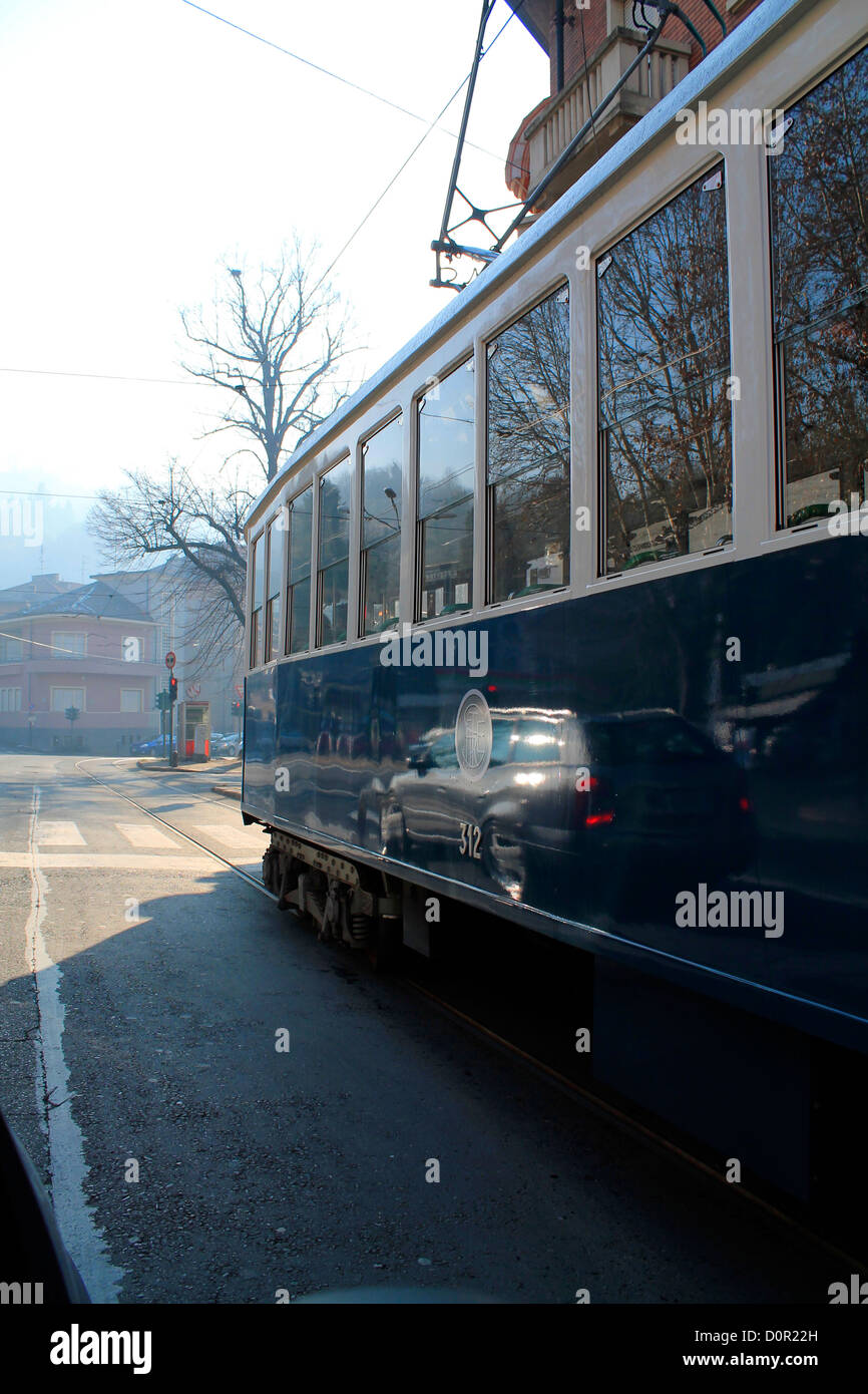 Blue vintage tram in autumnal atmosphere (Tram d'epoca blu in atmosfera ...