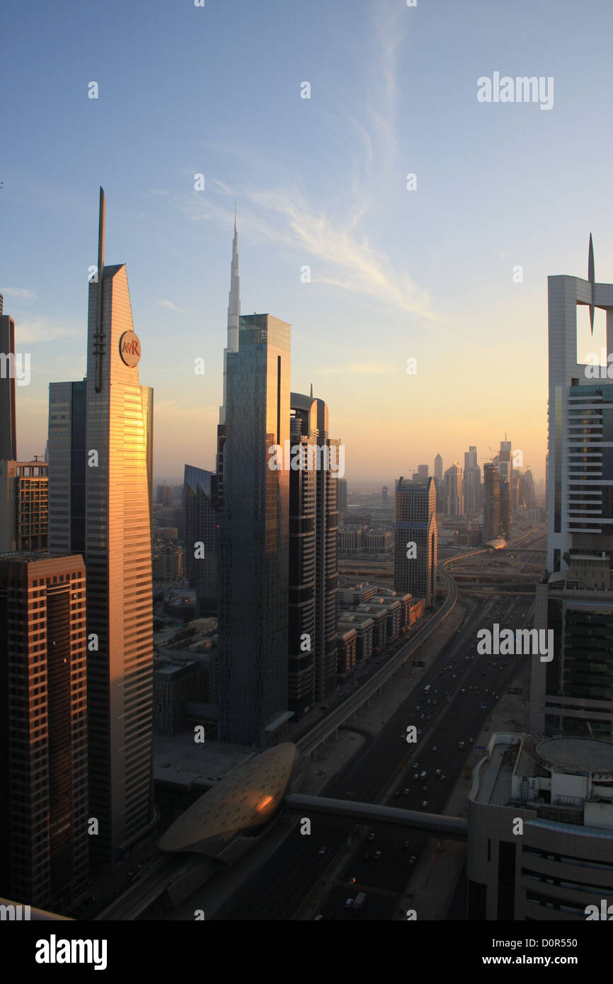 Sheikh Zayed road, Dubai: skyline at sunset Stock Photo - Alamy