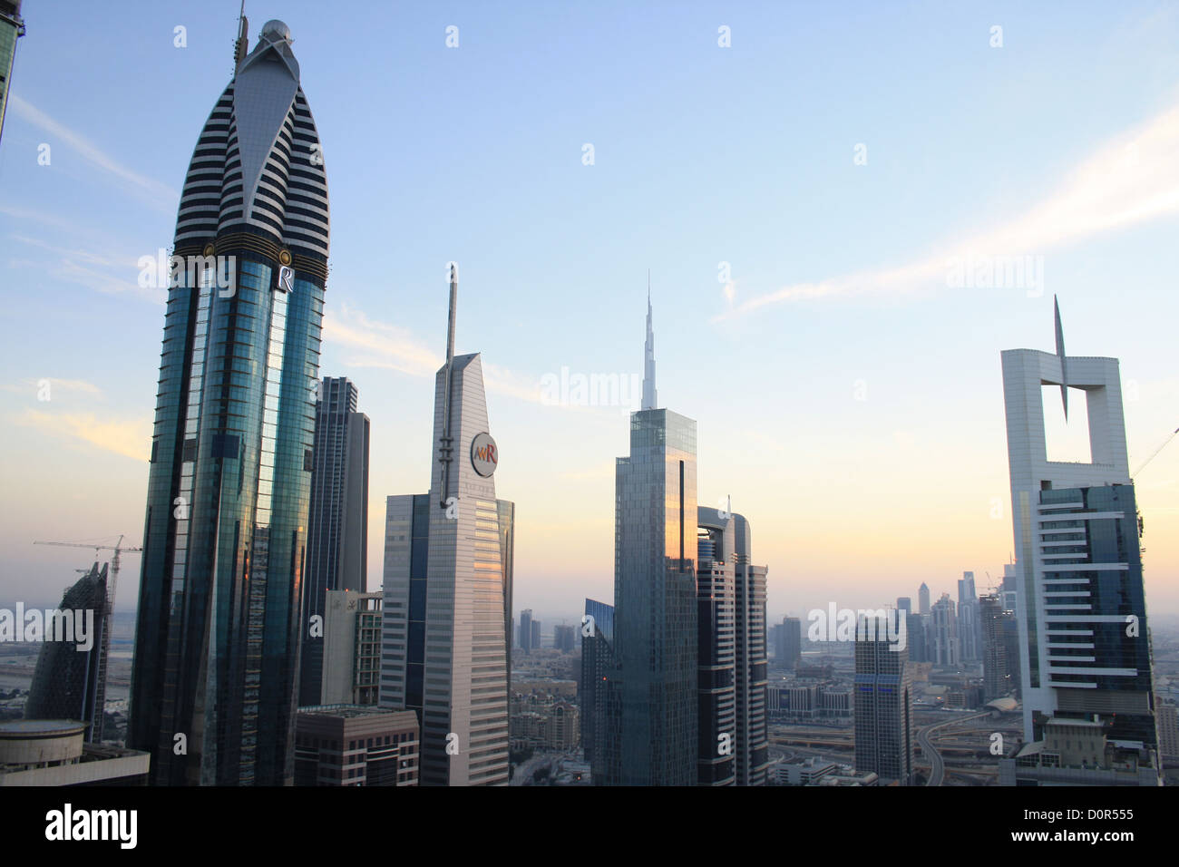 Sheikh Zayed road, Dubai: skyline at sunset Stock Photo - Alamy
