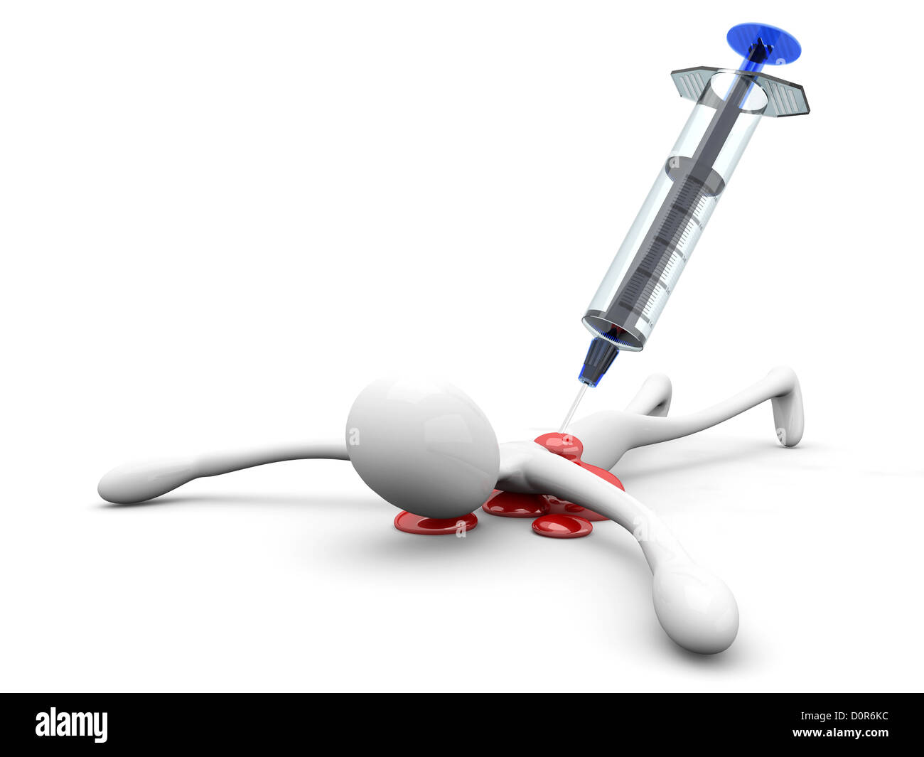 A cartoon figure killed by a giant syringe. 3D rendered Illustration ...