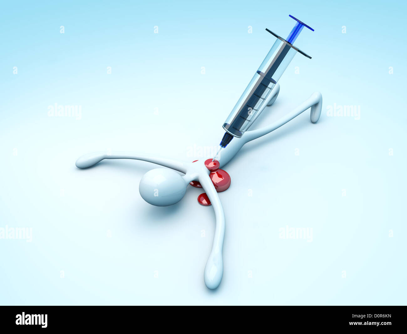 A cartoon figure killed by a giant syringe. 3D rendered Illustration ...