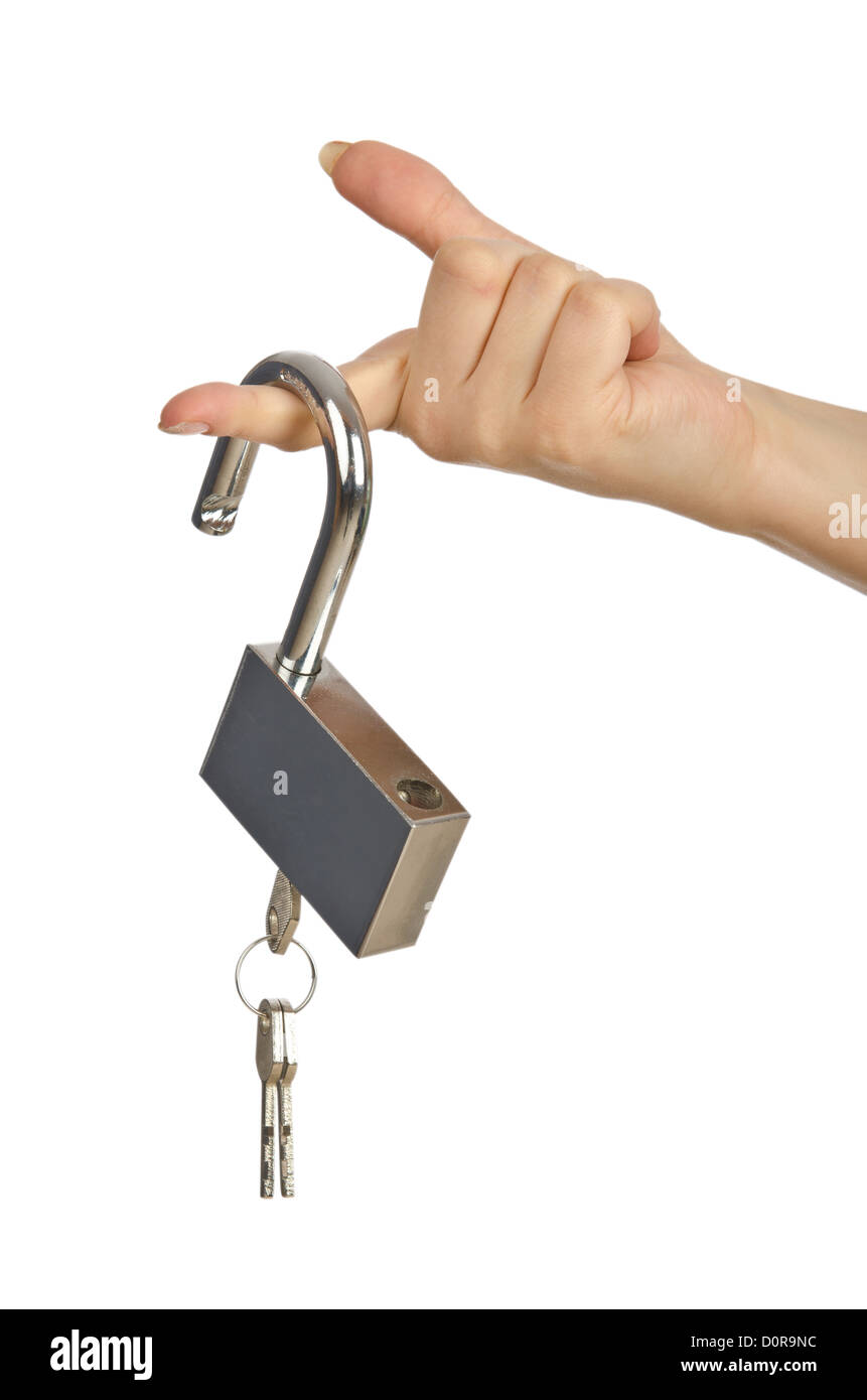 Hand with padlock isolated on white Stock Photo - Alamy