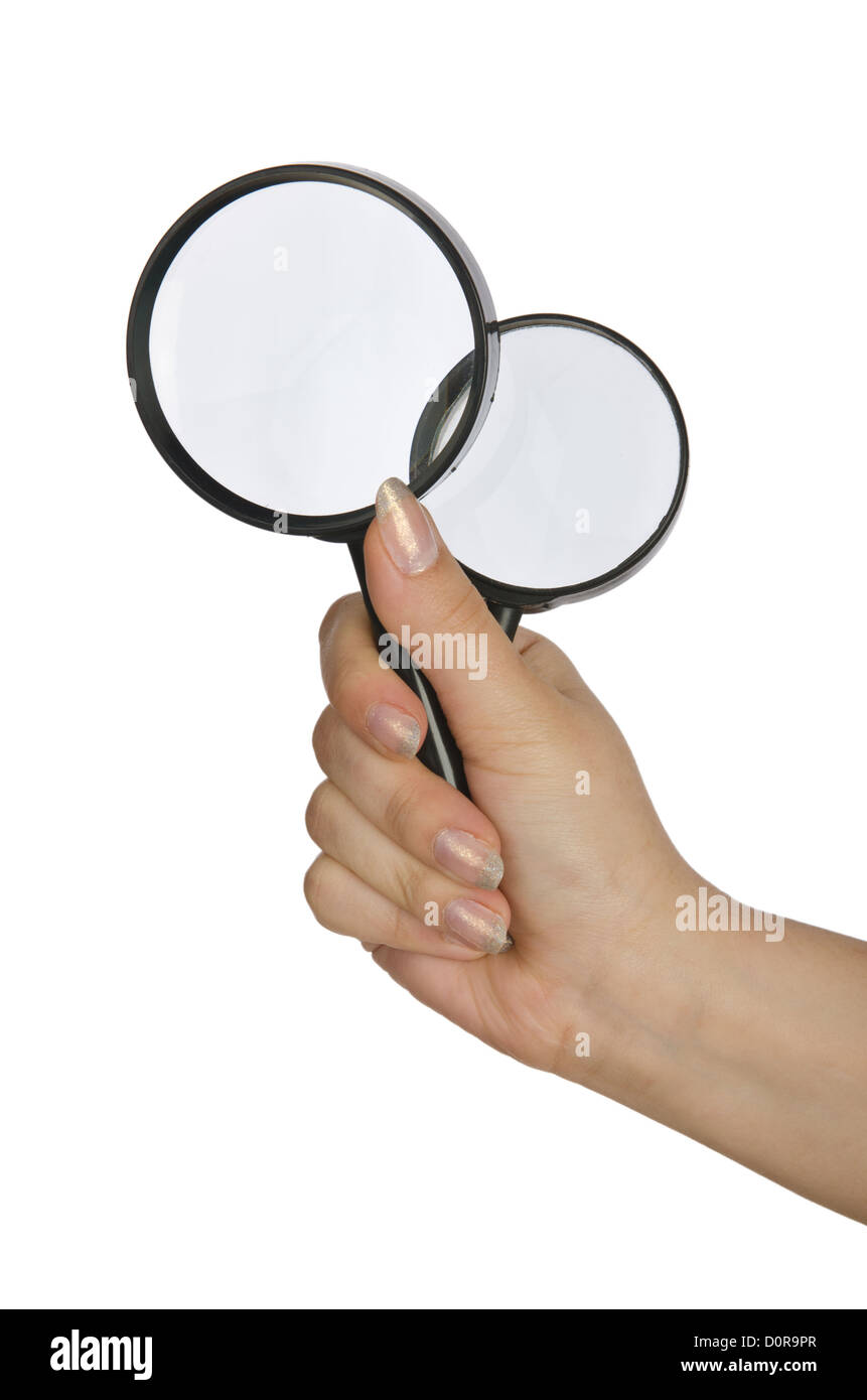 Hand holding magnifying glass on white Stock Photo - Alamy