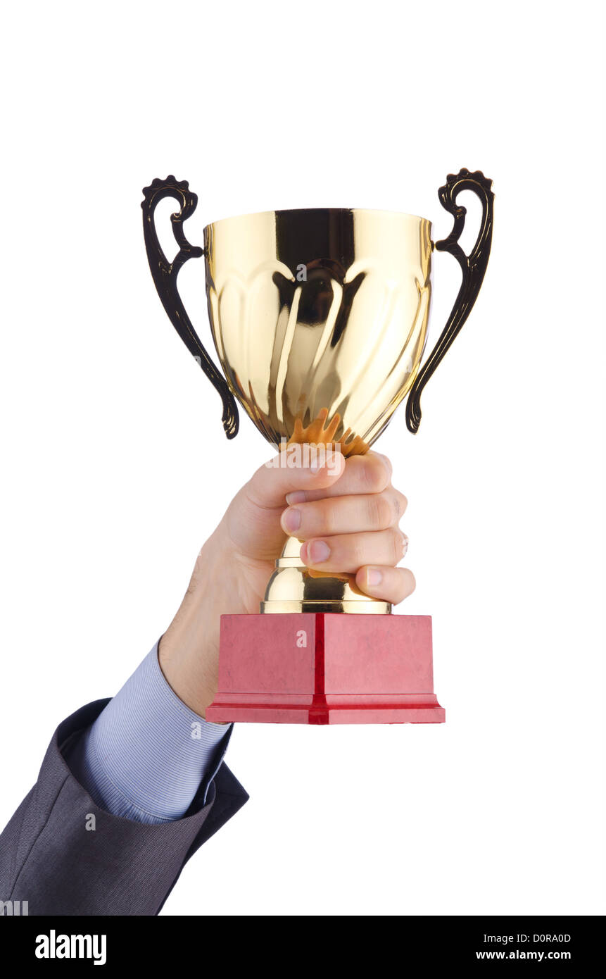 Hands with winners cup on white Stock Photo - Alamy