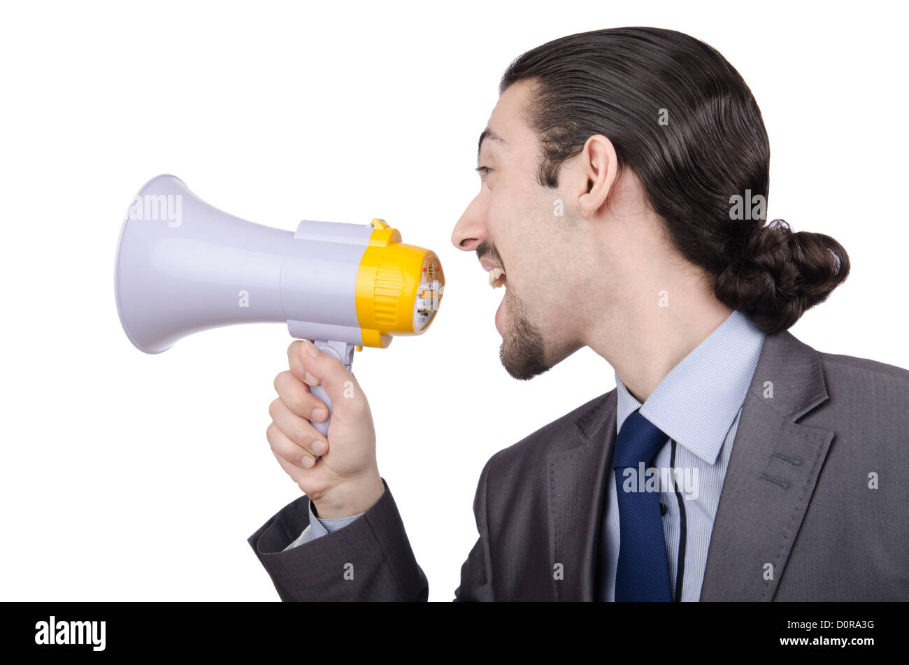 Man shouting and yelling with loudspeaker Stock Photo - Alamy