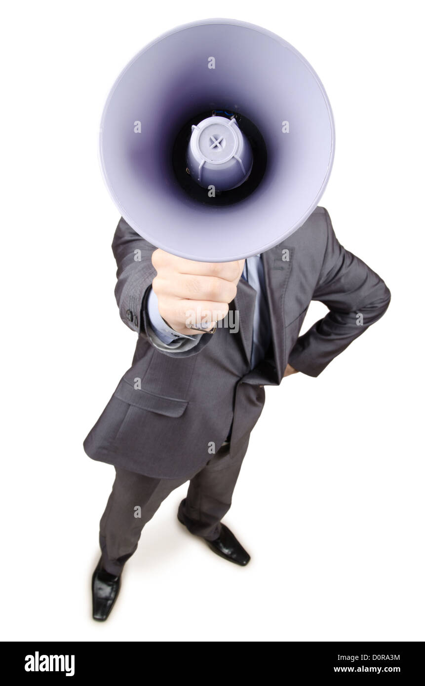Man shouting and yelling with loudspeaker Stock Photo - Alamy