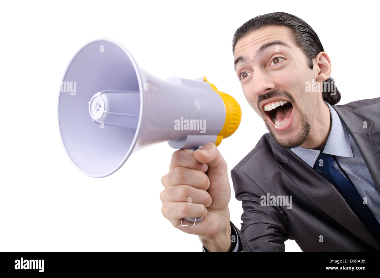 Man shouting and yelling with loudspeaker Stock Photo - Alamy