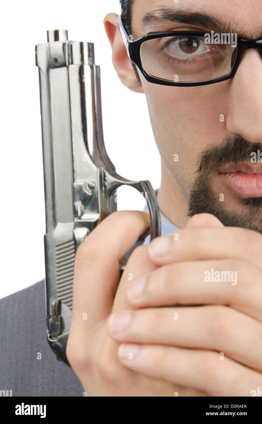Man with gun isolated on white Stock Photo - Alamy