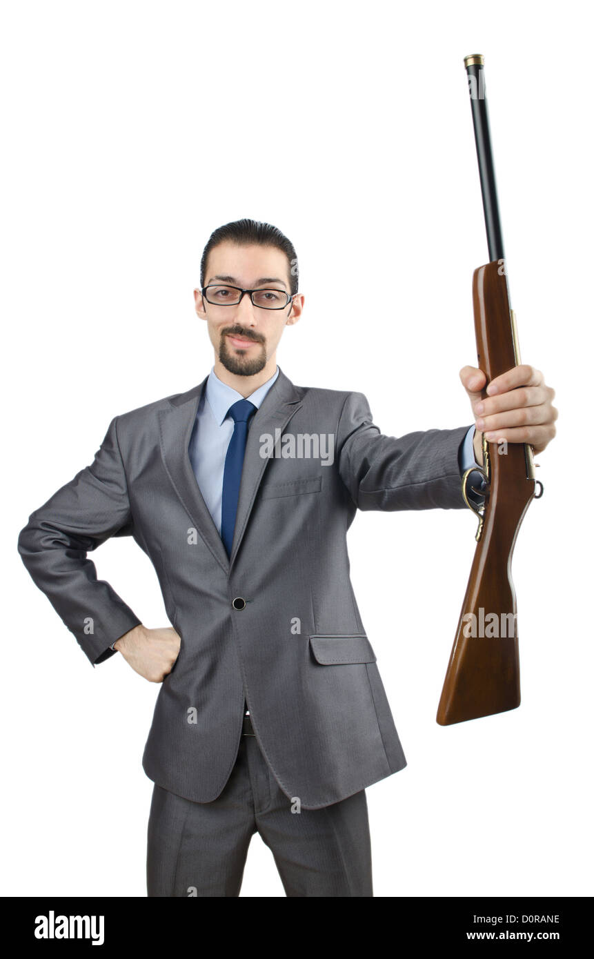 Businessman with gun isolated on white Stock Photo - Alamy