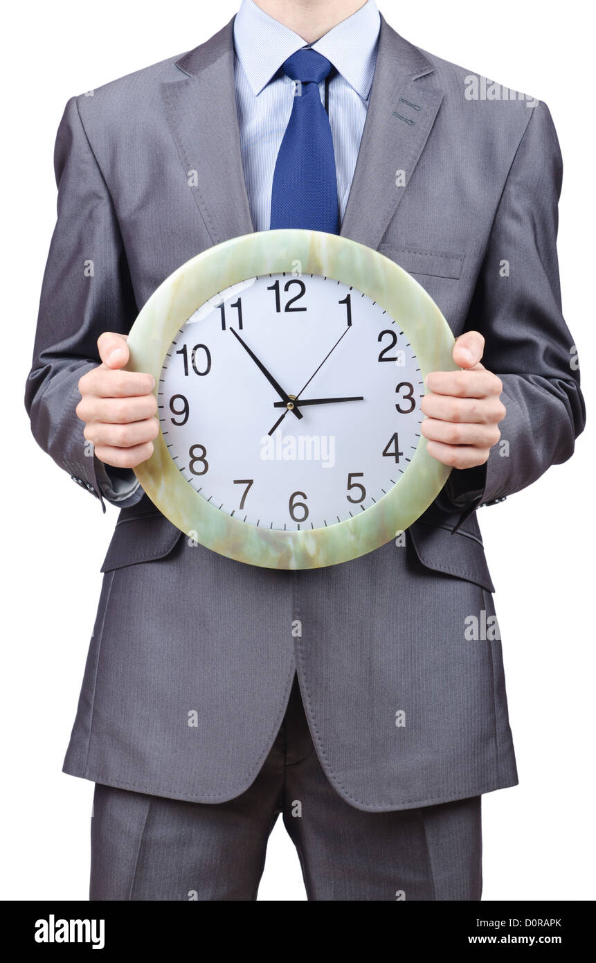 Man with clock isolated on white Stock Photo - Alamy