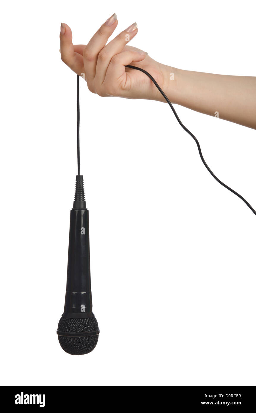 Hand with microphone on white Stock Photo - Alamy