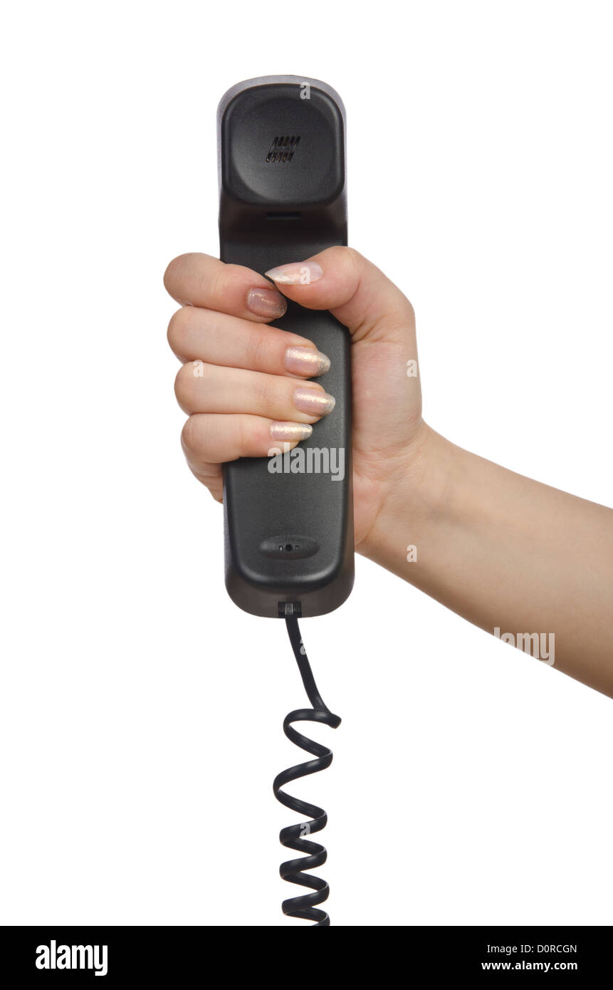 Hand with phone isolated on white Stock Photo - Alamy