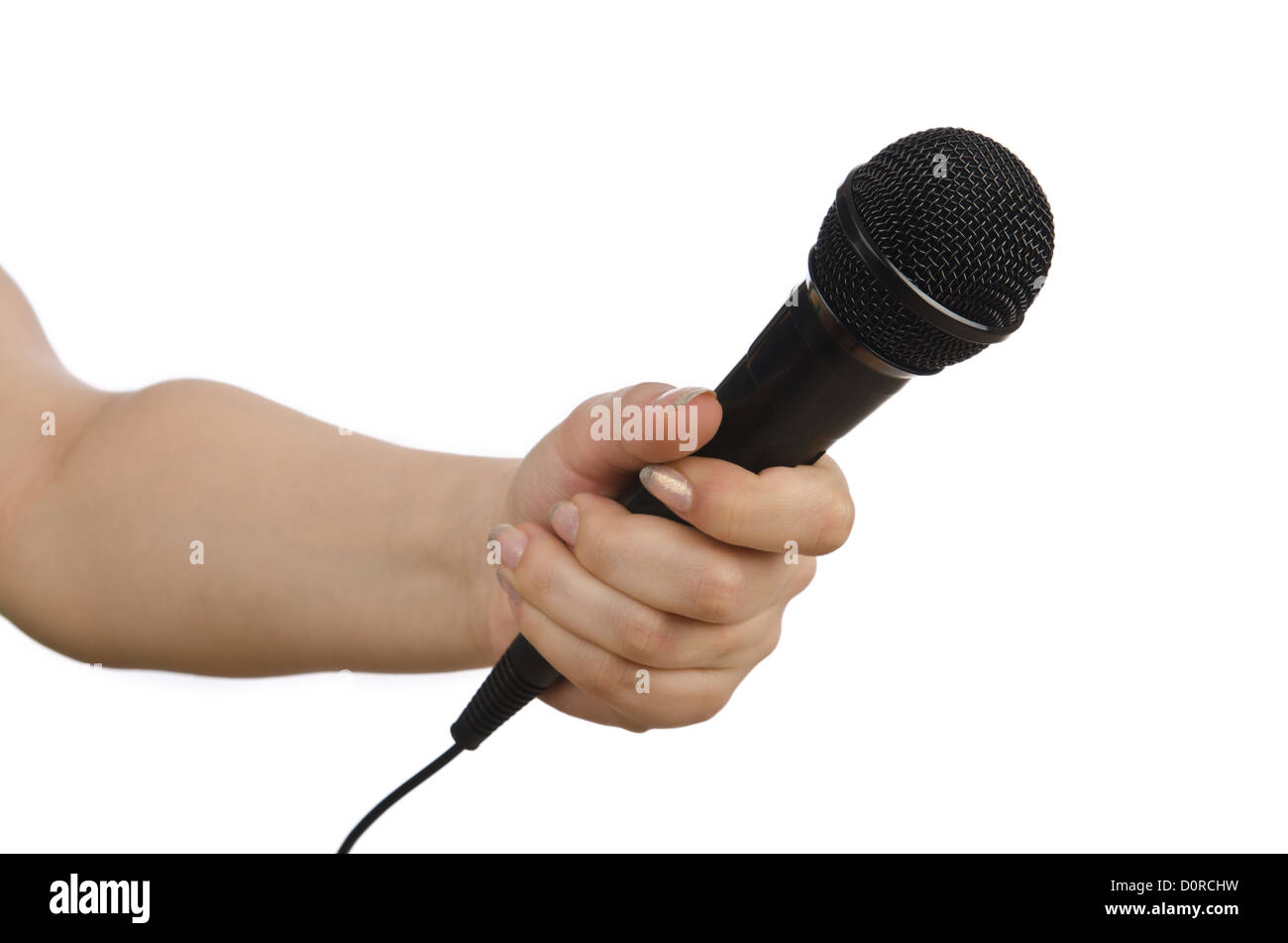 Hand with microphone on white Stock Photo - Alamy