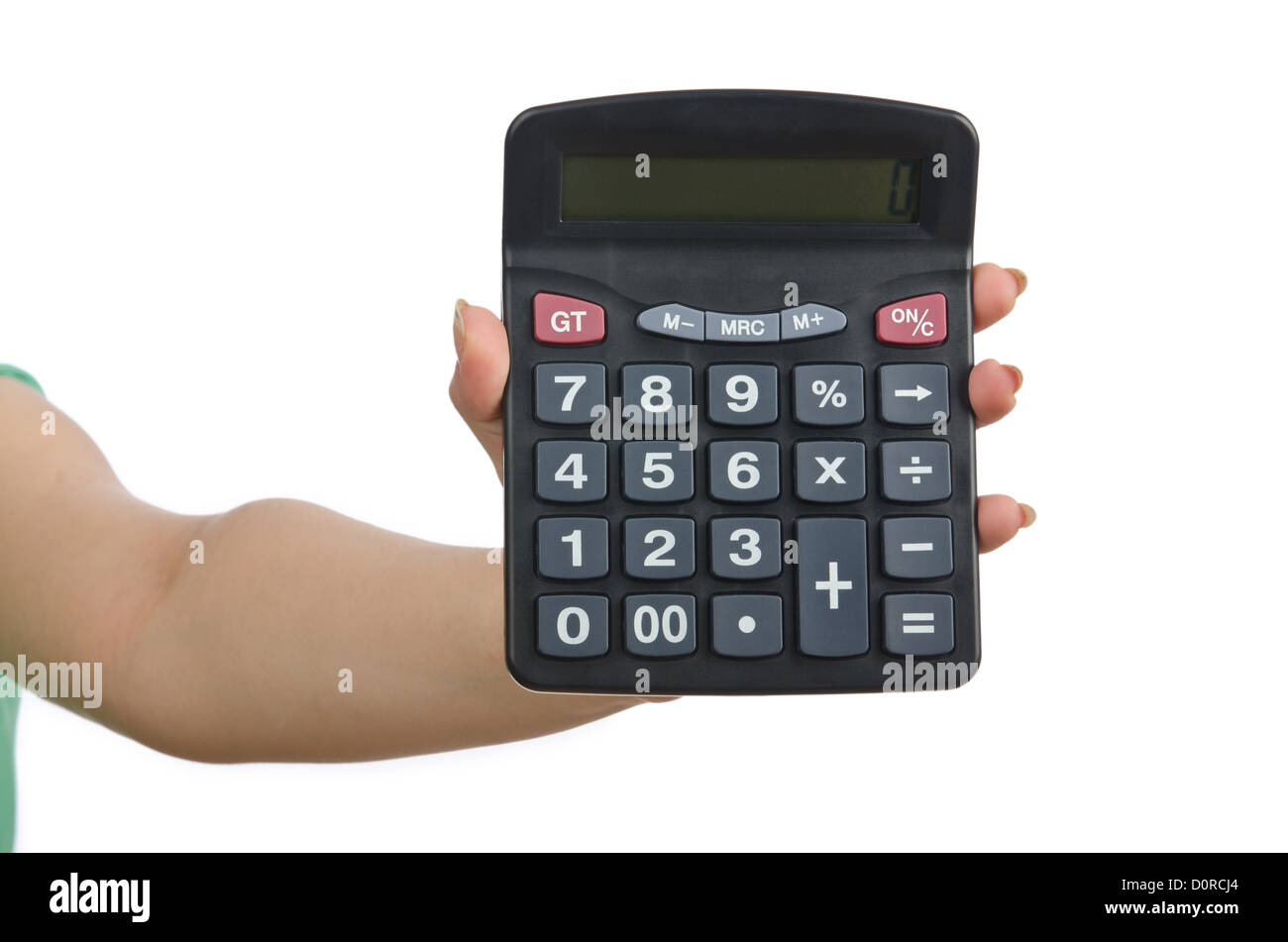 Hand holding calculator on white Stock Photo - Alamy