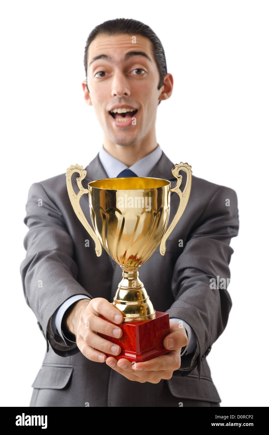 Man being awarded with golden cup Stock Photo - Alamy