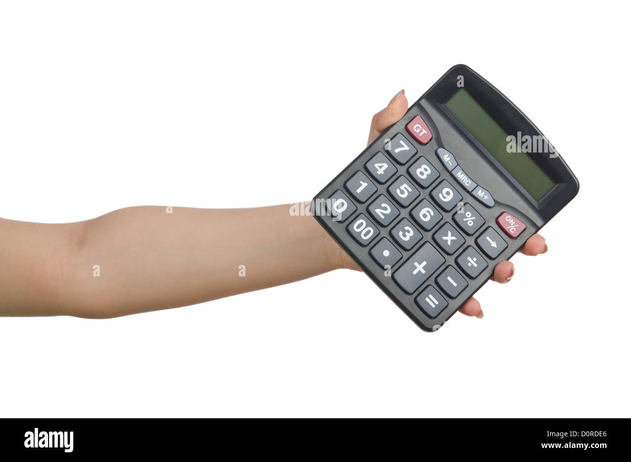 Hand holding calculator on white Stock Photo - Alamy
