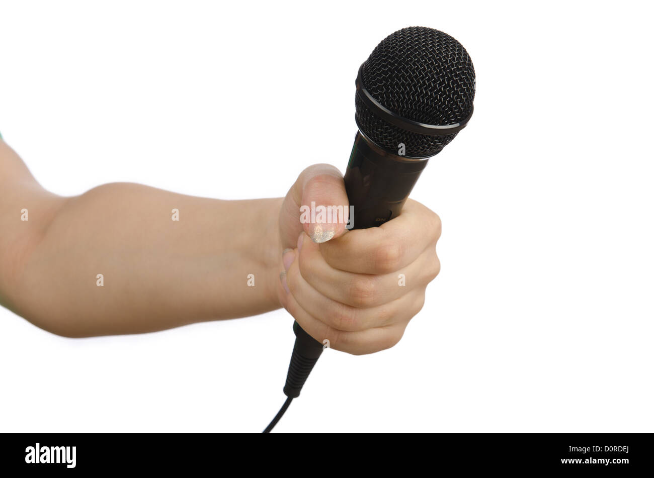 Hand with microphone on white Stock Photo - Alamy