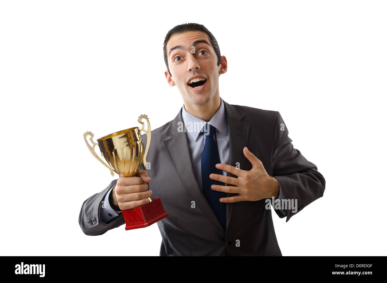 Man being awarded with golden cup Stock Photo - Alamy