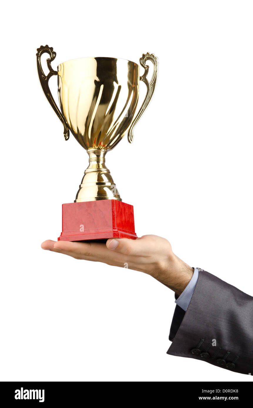 Man being awarded with golden cup Stock Photo - Alamy