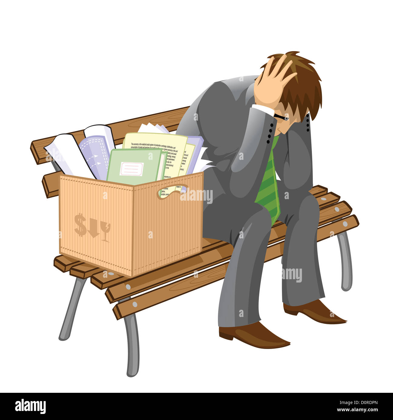 Unemployed man sitting on a bench with his head in his hands Stock ...