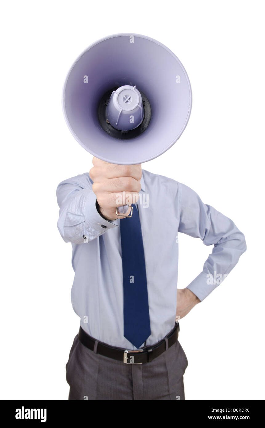 Man shouting and yelling with loudspeaker Stock Photo - Alamy