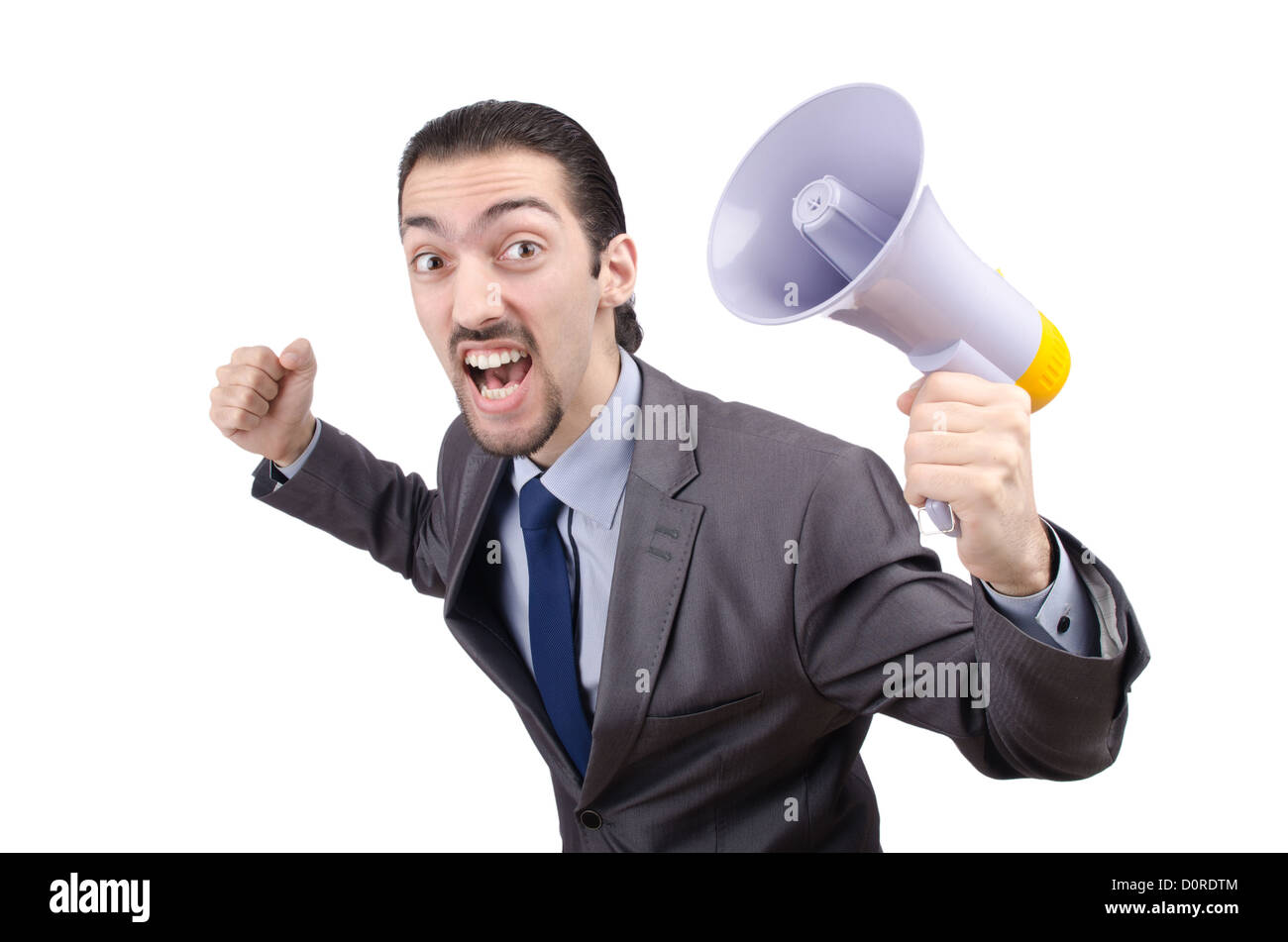 Man shouting and yelling with loudspeaker Stock Photo - Alamy
