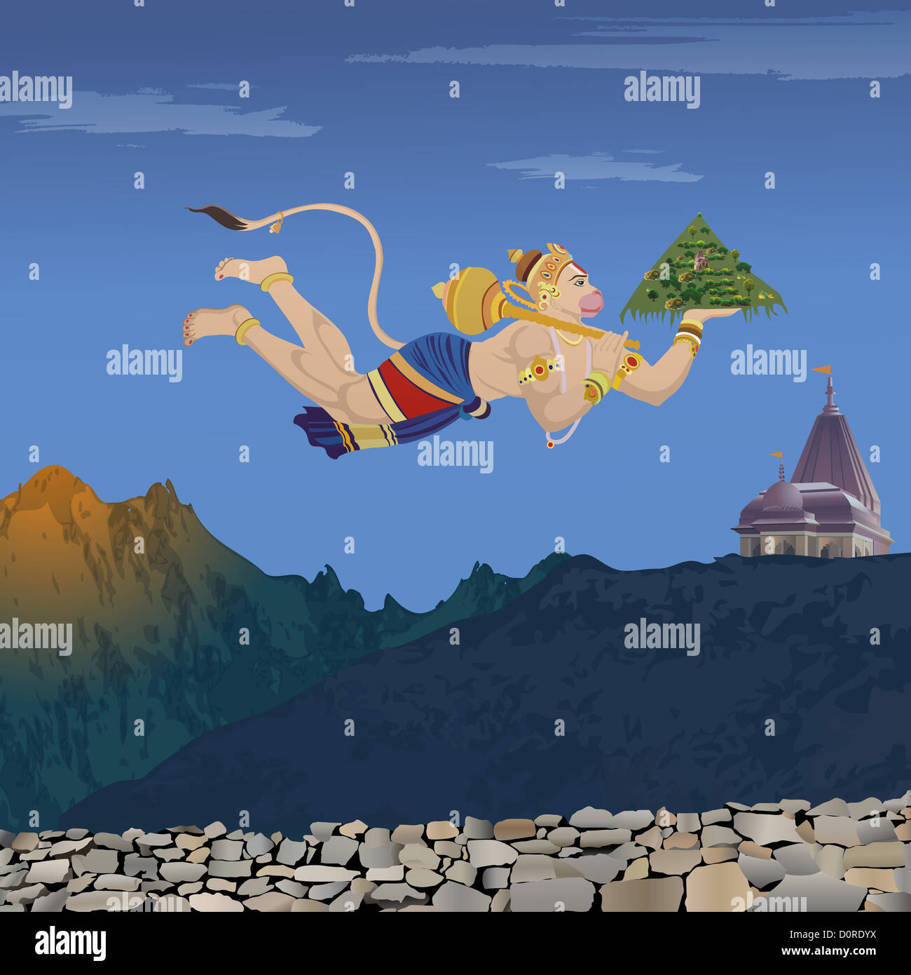 Lord Hanuman flying with Dronagiri mountain Stock Photo - Alamy
