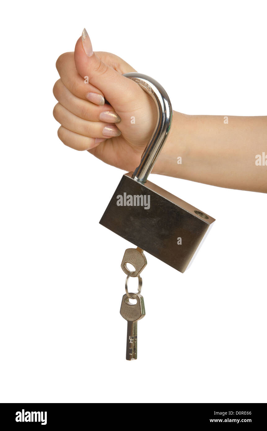 Hand with padlock isolated on white Stock Photo - Alamy