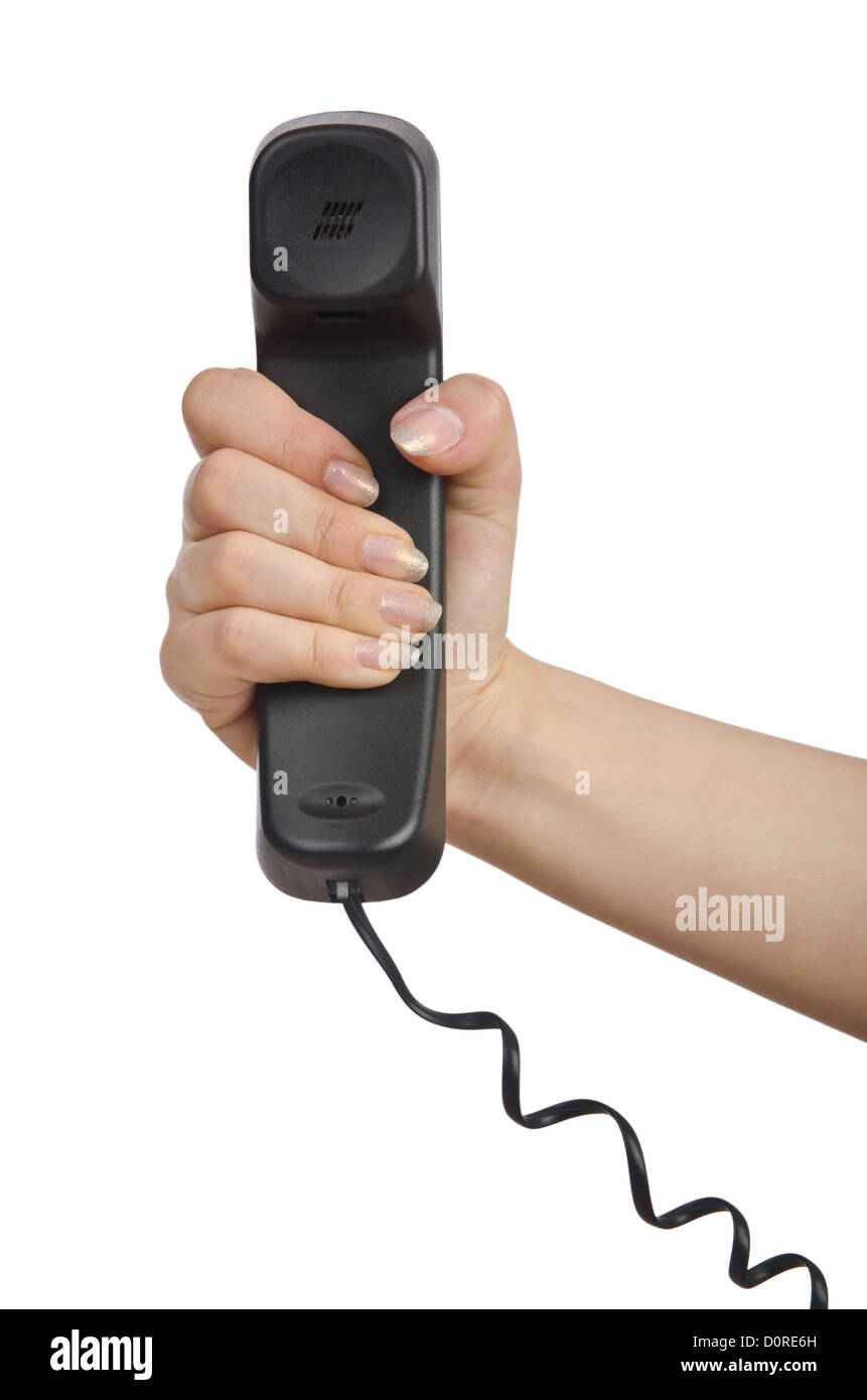 Hand with phone isolated on white Stock Photo - Alamy