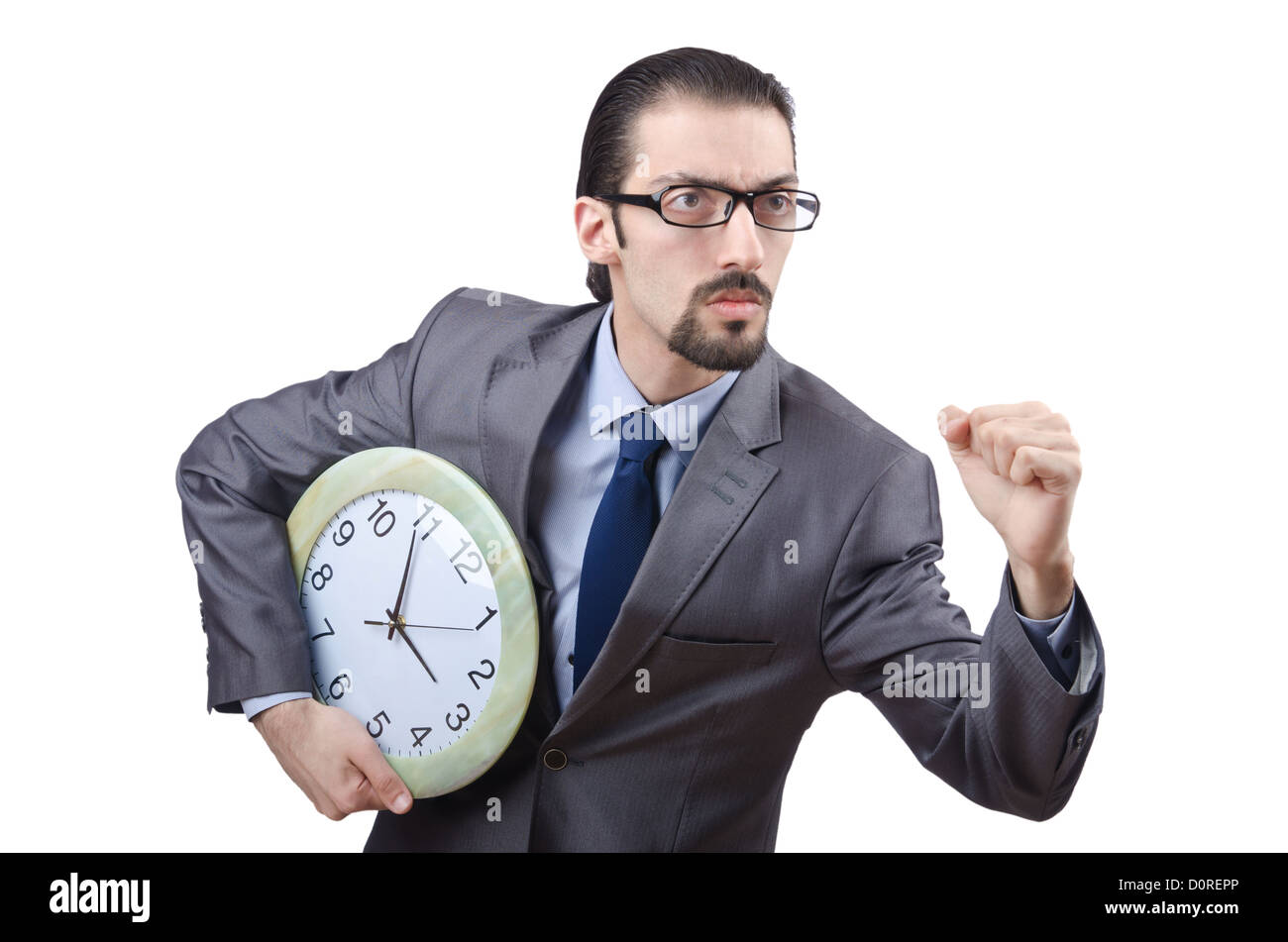 Man with clock isolated on white Stock Photo - Alamy