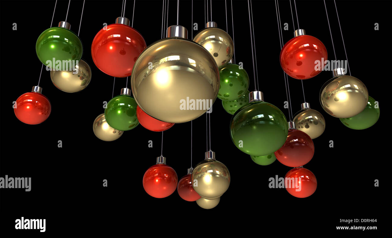 Regular gold red and green christmas baubles hanging by a string on an ...