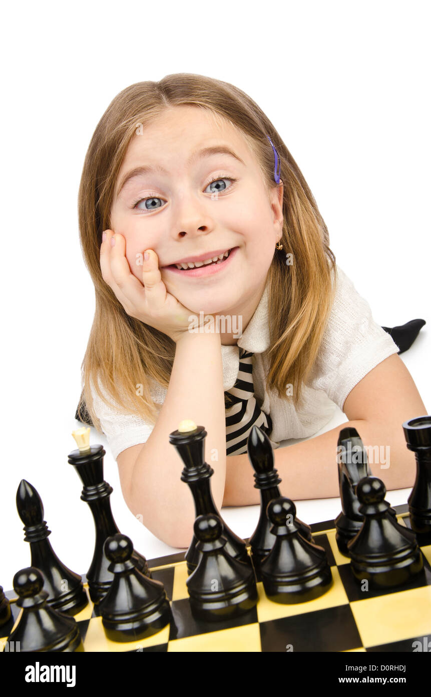 Cute girl playing chess on white Stock Photo - Alamy