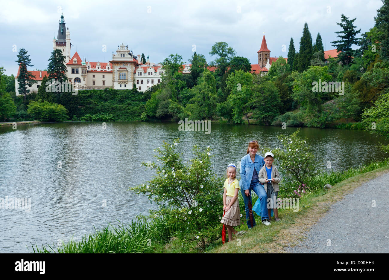 Pruhonice Castle park summer view with lake and family in Prague, Czech ...