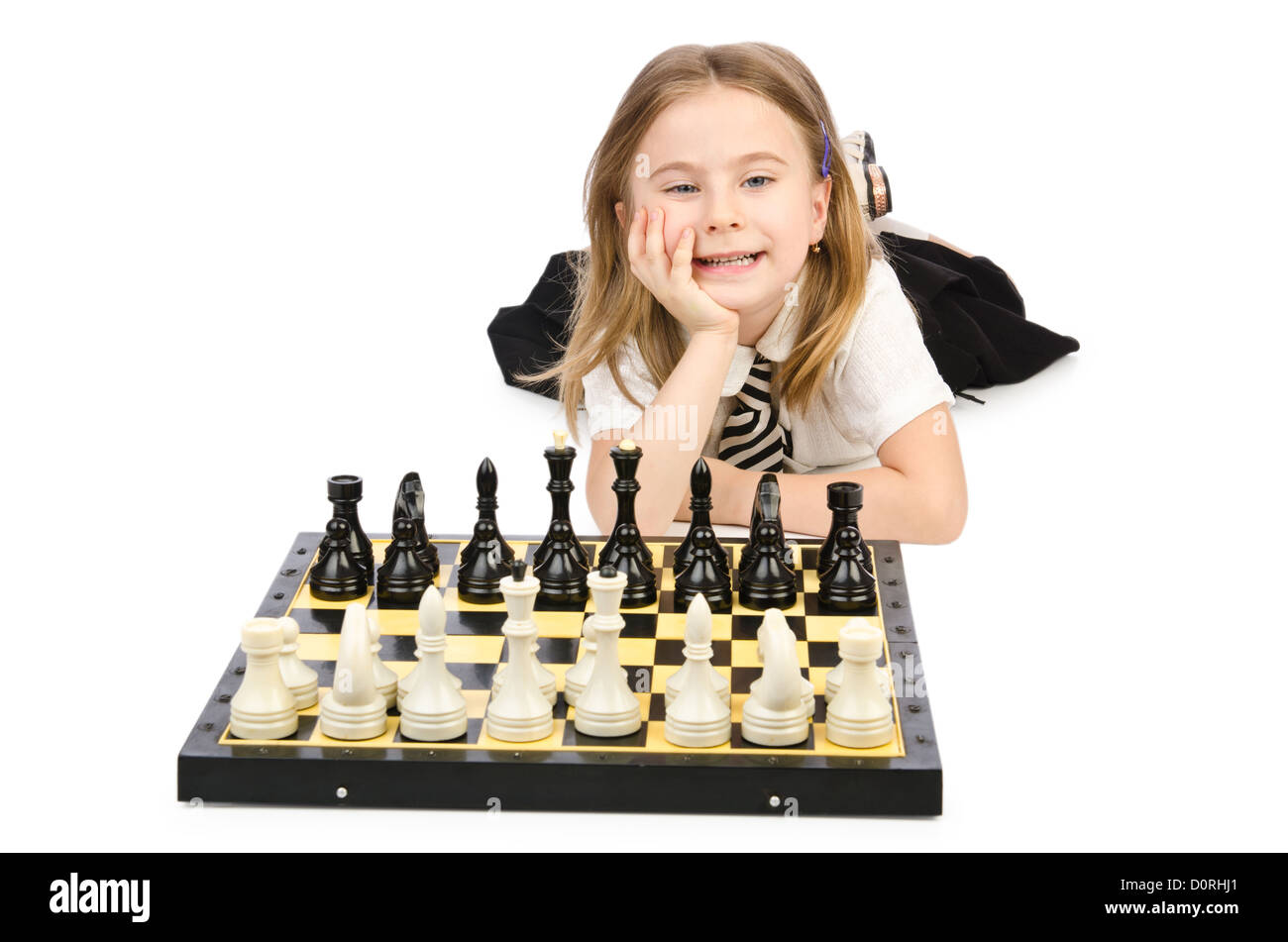 Cute girl playing chess on white Stock Photo - Alamy