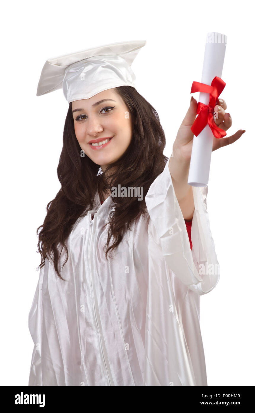 Happy graduate on white background Stock Photo - Alamy