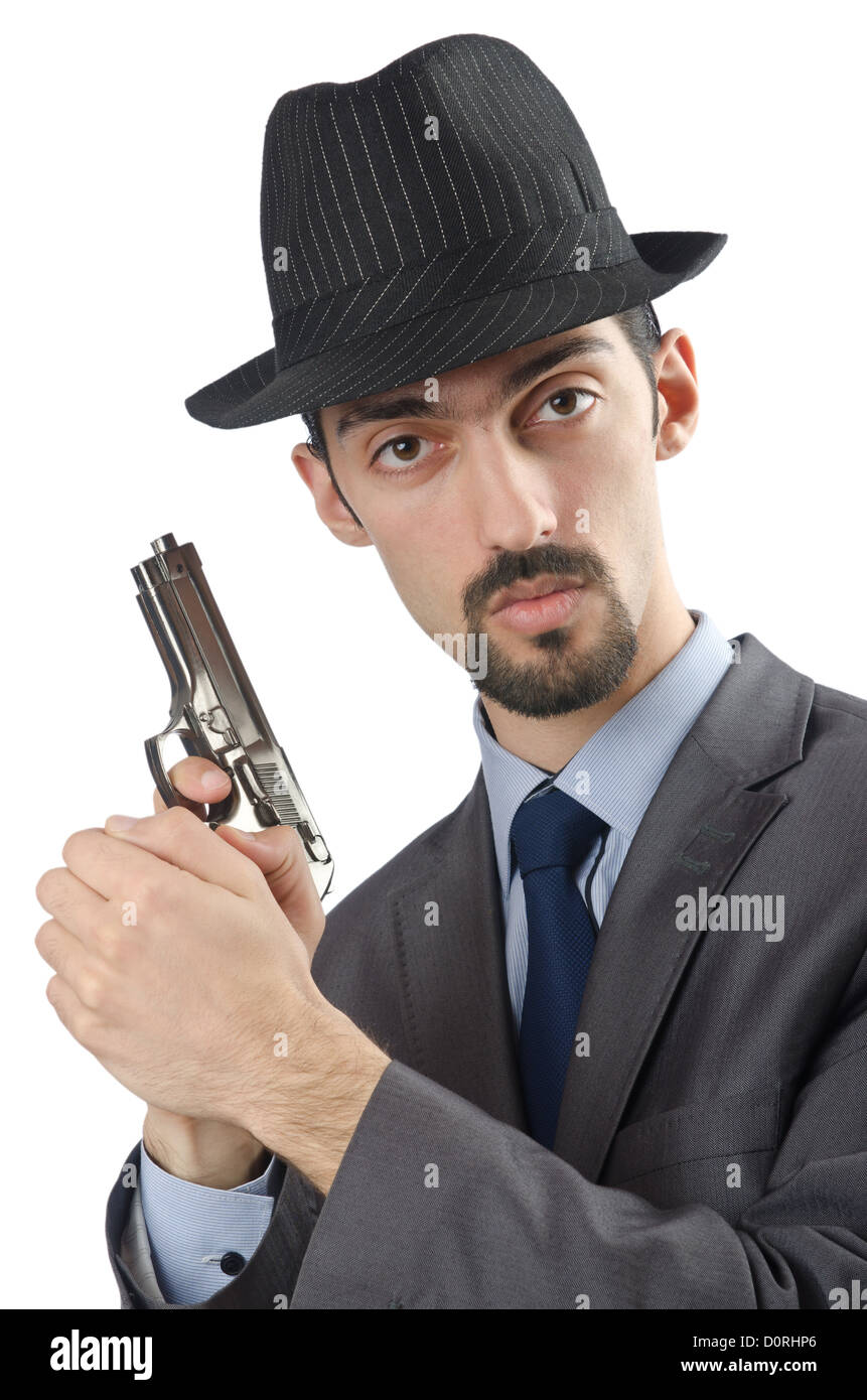 Man with gun isolated on white Stock Photo - Alamy
