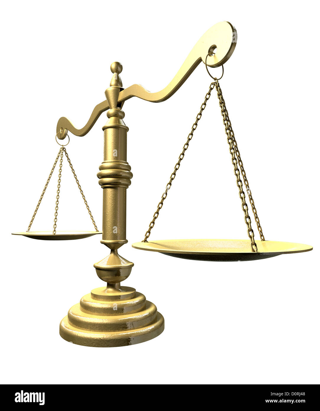 An perspective view of an old school gold justice scale on an isolated ...