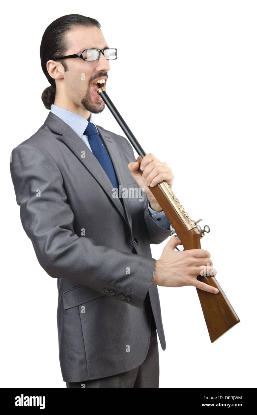 Businessman with gun isolated on white Stock Photo - Alamy