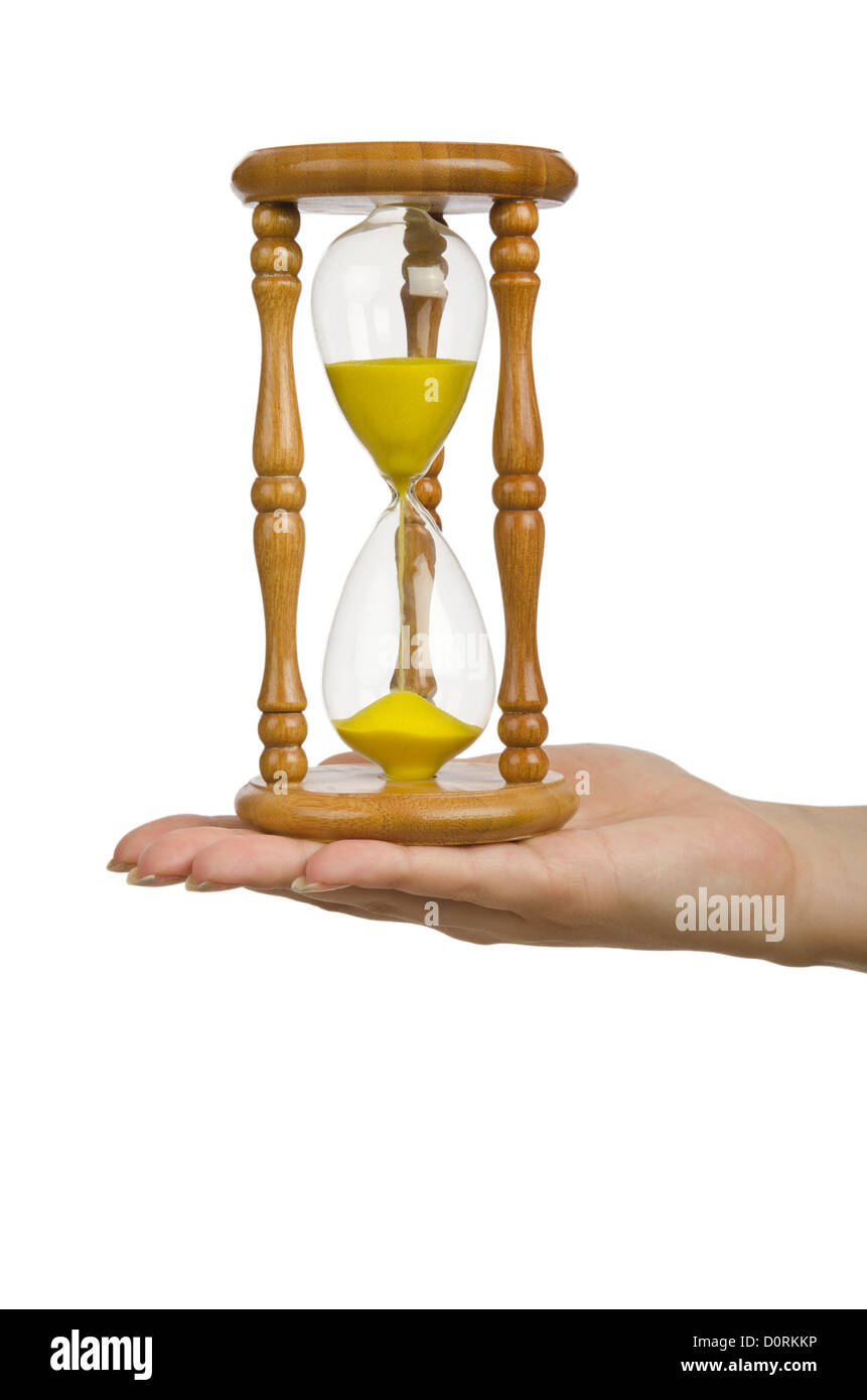 Hand holding hourglass on white Stock Photo - Alamy