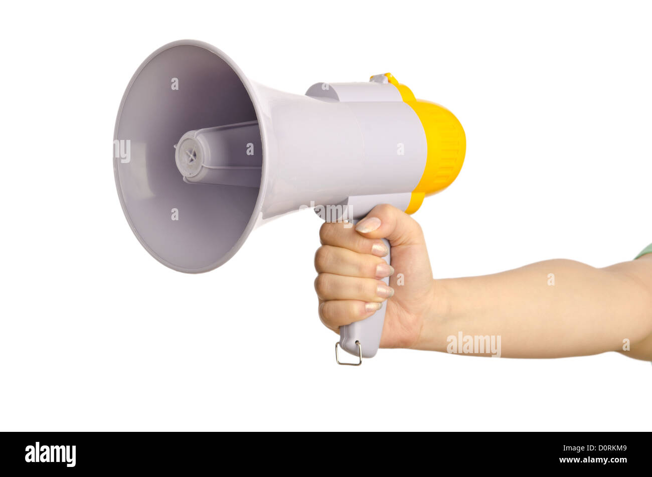 Hand holding loudspeaker on white Stock Photo - Alamy