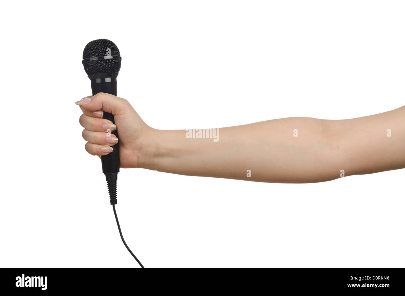 Hand with microphone on white Stock Photo - Alamy