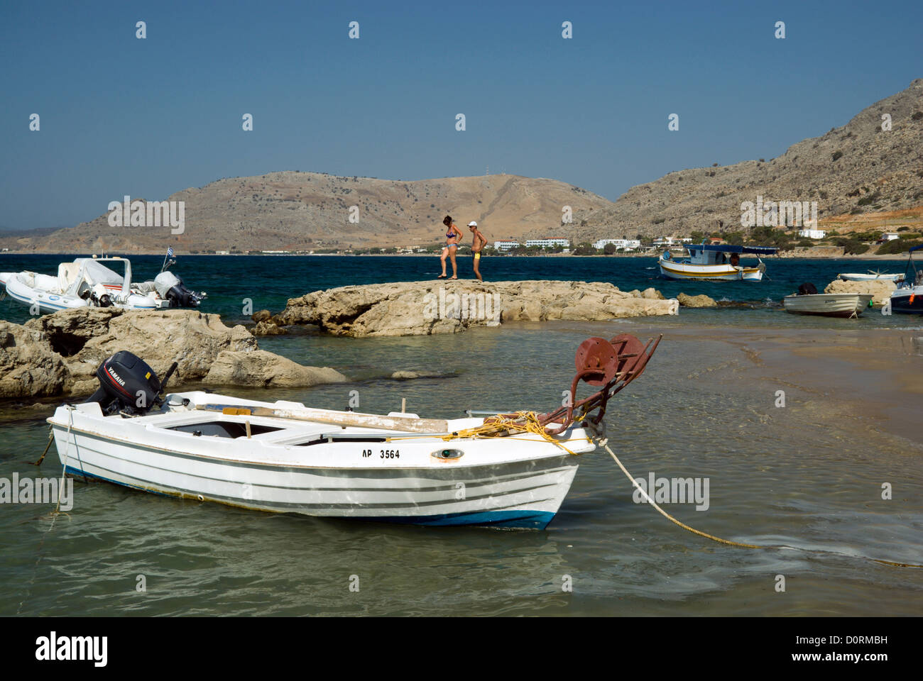 boats and mountains pefkos lindos rhodes greece Stock Photo - Alamy