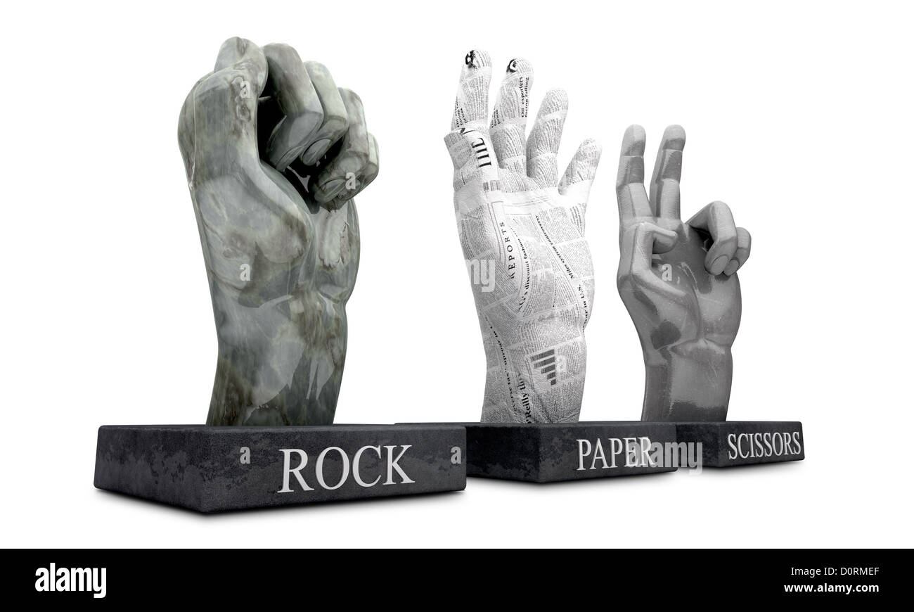 3 statuettes showing the hand-game Roshambo, made out of the hand ...