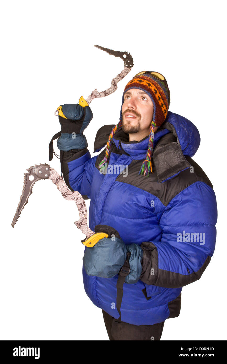 Climber man with chisel in hands up Stock Photo - Alamy