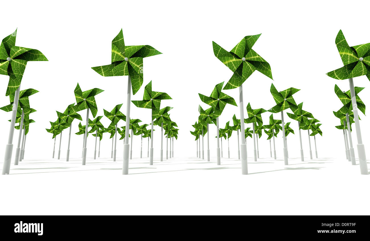 An energy producing farm consisting of green toy windmills made out of ...